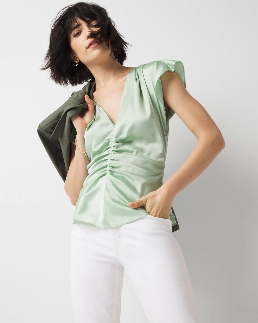 Ruched Front Flutter Sleeve Shell Top | White House Black Market